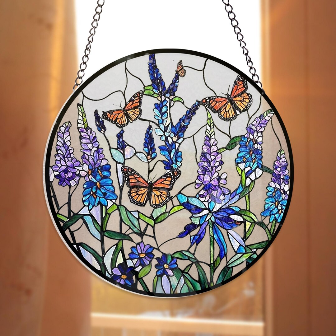 Monarch Butterfly Stained Glass Suncatcher, Wildflower Lupine Window ...