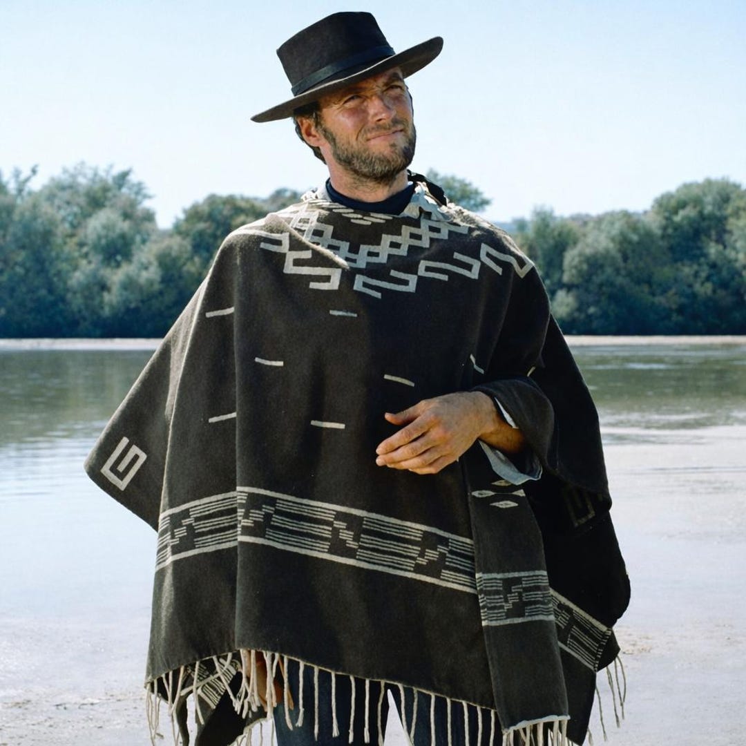 Western Cowboy Poncho Men Clint Eastwood Style Shawl Fringe Wool Cape ...