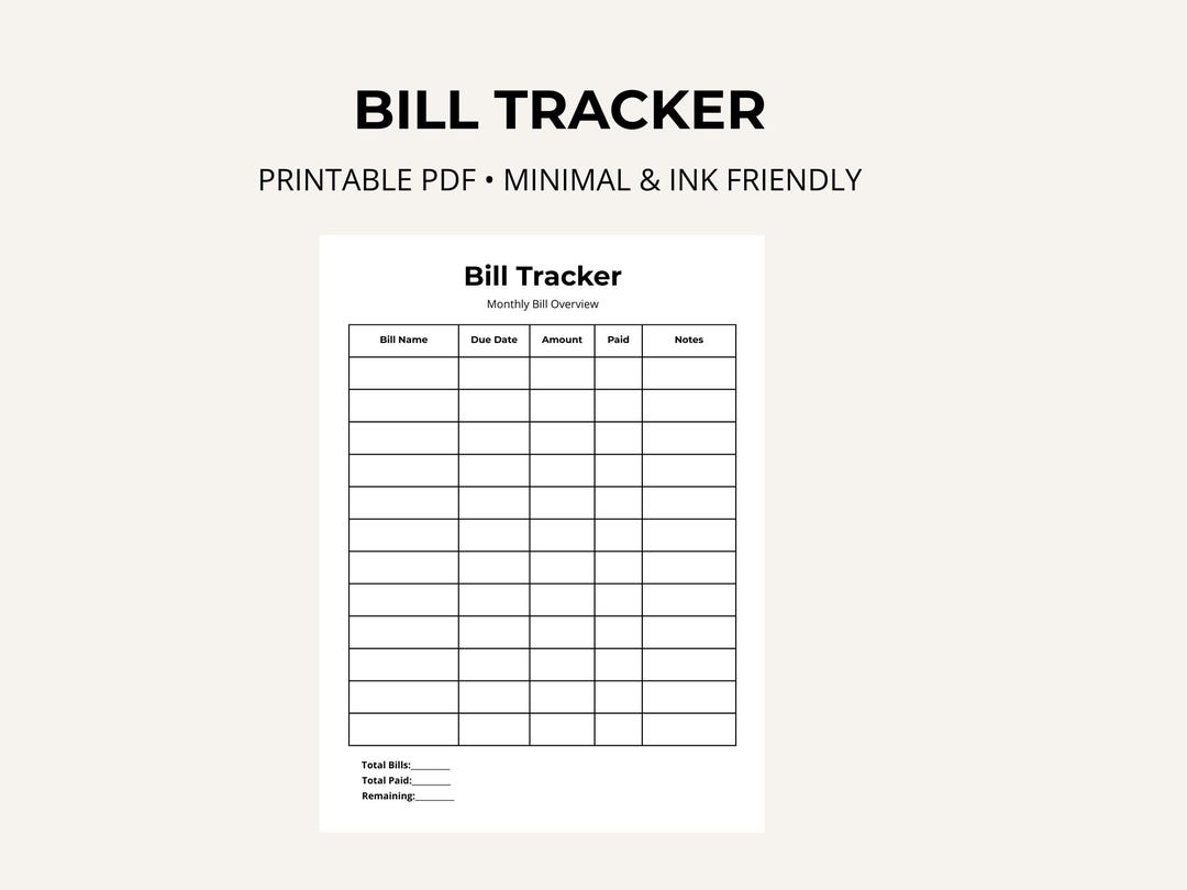 Bill Tracker Printable | Monthly Bill Payment Log | Due Date and Amount ...