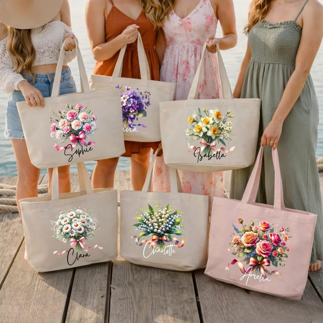 Personalized Birth Month Flower Tote Bags for Women, Cute Canvas Tote ...