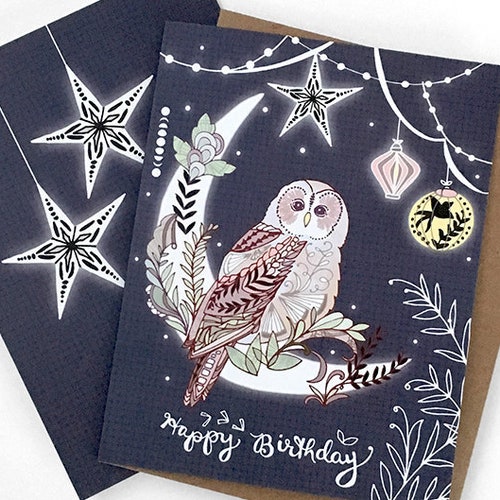 Owl Birthday Card Owl Lantern Greeting Card Owl Card Paper - Etsy