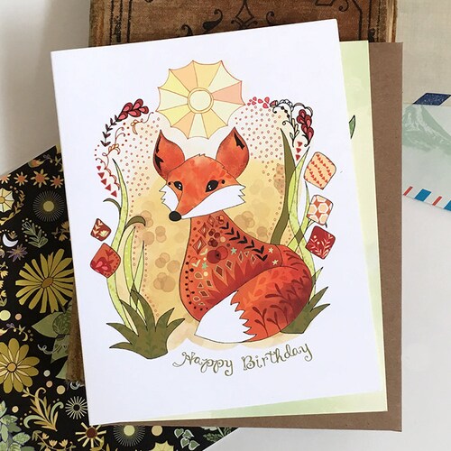 Fox Card Birthday Sun Fox Greeting Card Birthday Fox Happy - Etsy