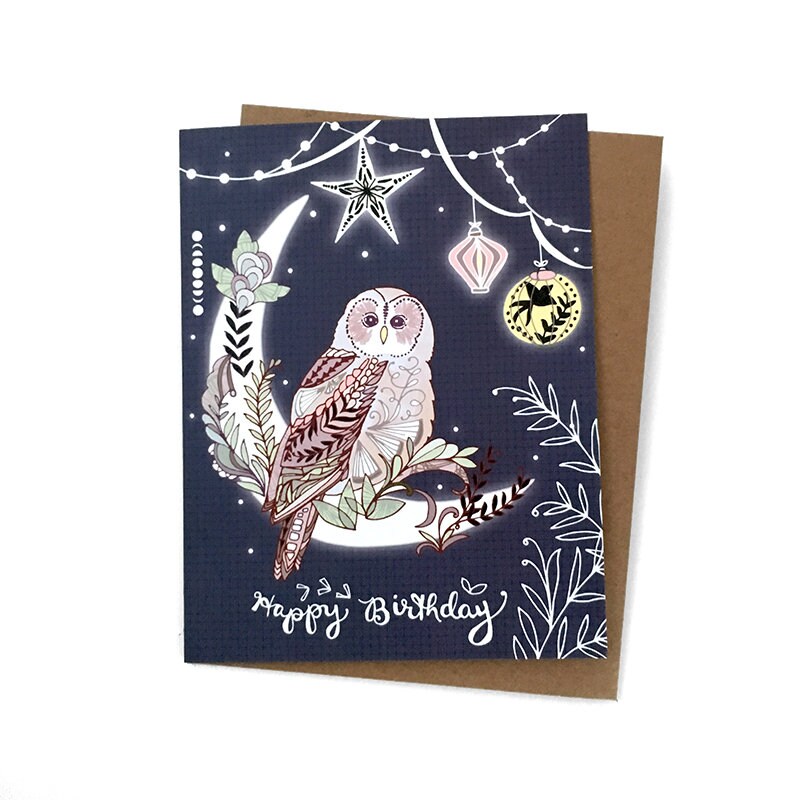 Owl Birthday Card Owl Lantern Greeting Card Owl Card Paper - Etsy