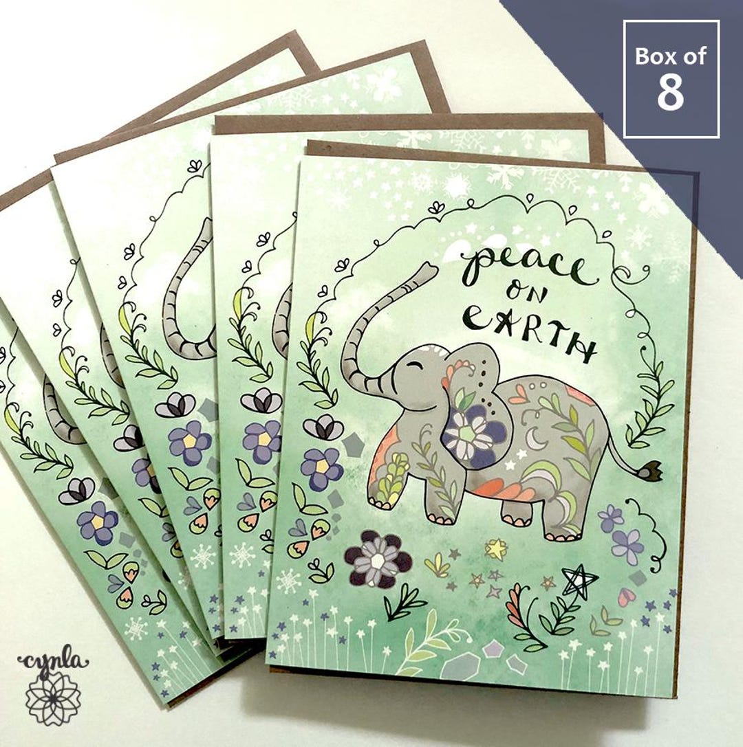 Elephant Peace Card - Box of 8 Holiday Cards New Year Card Elephant ...