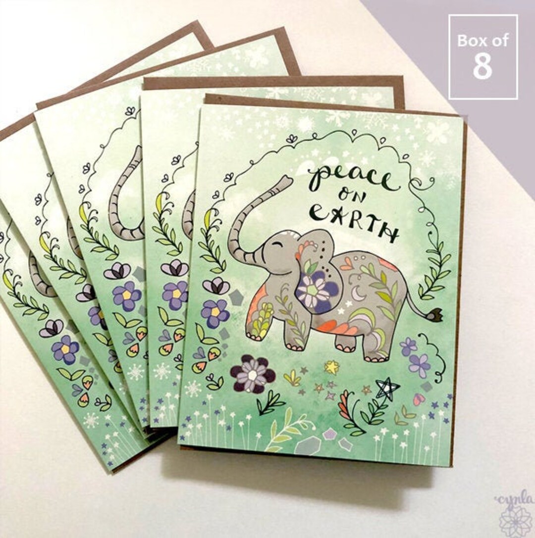 Elephant Peace Card Box of 8 Holiday Cards, New Year Card, Elephant ...
