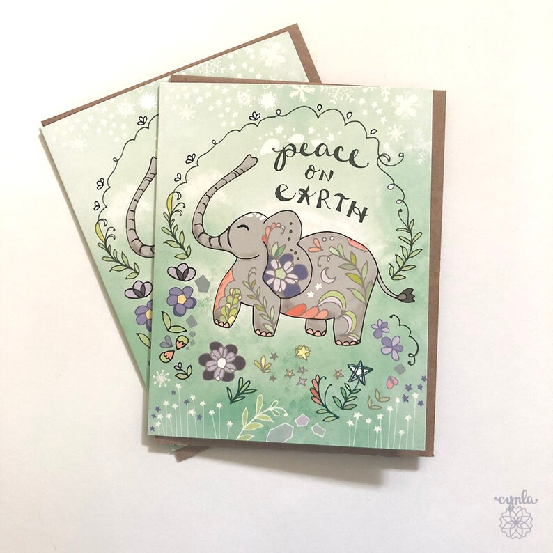 Elephant Peace Card - Box of 8 Holiday Cards New Year Card Elephant ...