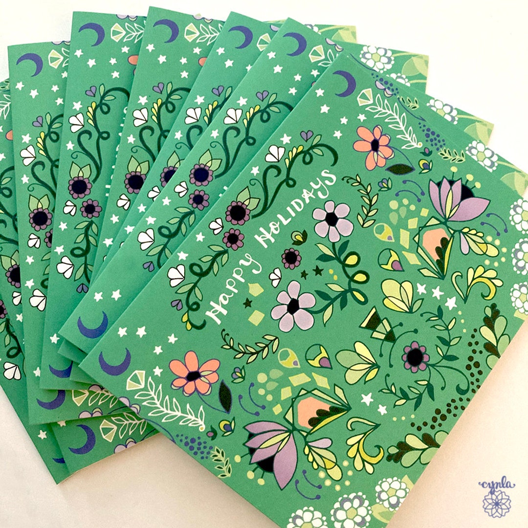 Folk Happy Holidays Card - BOX of 8 Holiday Cards, Green, Holiday Cards ...