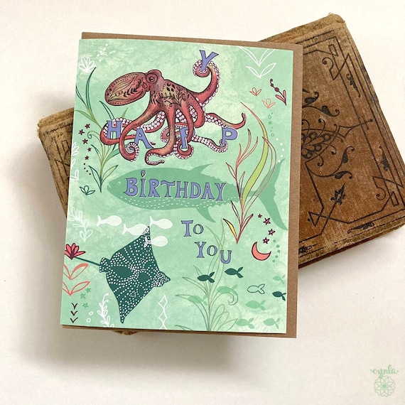 Octopus Greeting Card Octopus Birthday Ocean Beach Sea - Etsy