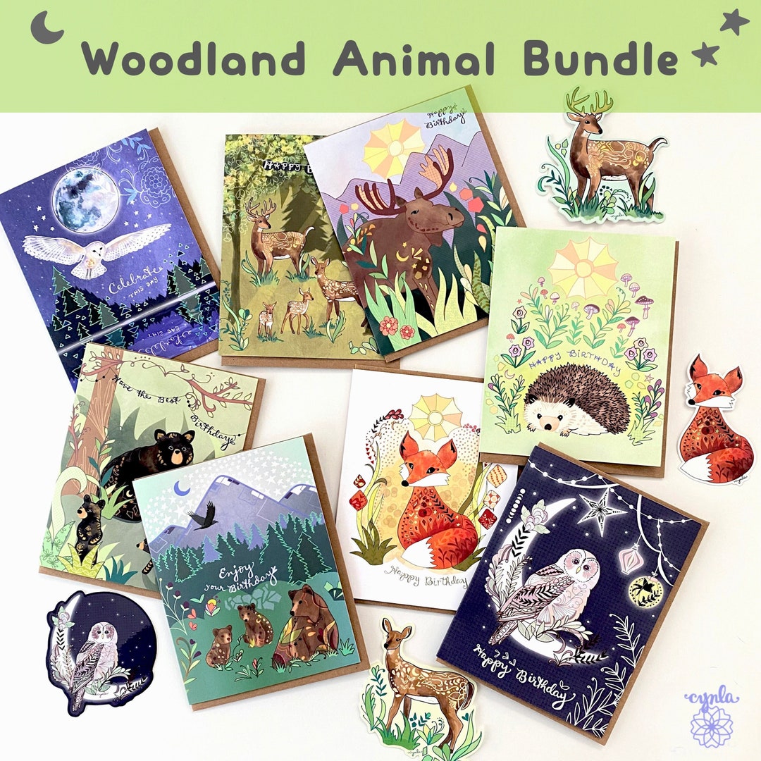 WOODLAND ANIMAL BUNDLE Forest Animal Greeting Cards Animal Sticker Pack ...