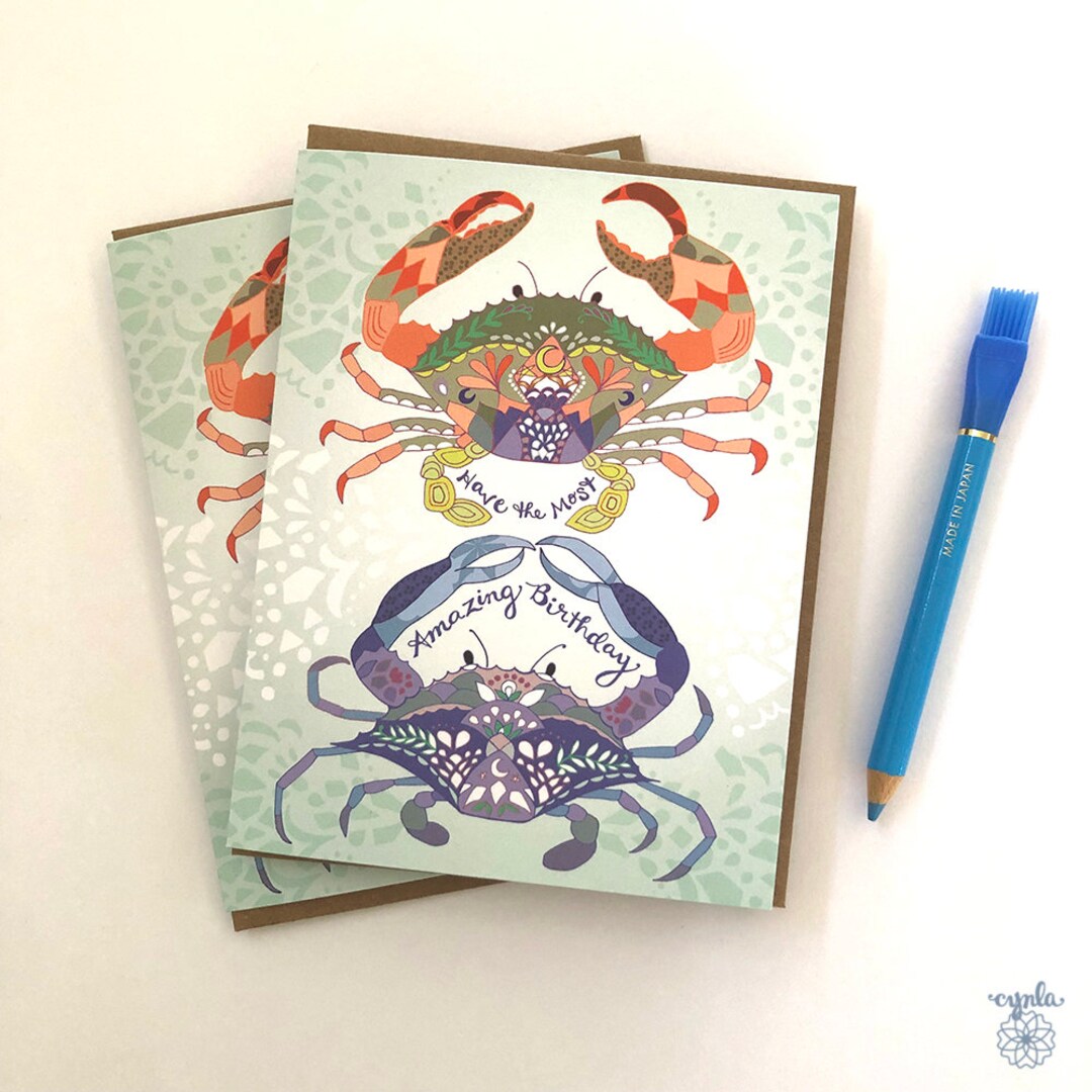 Crab Birthday Greeting Card - Crabs Card, Cancer Zodiac, Birthday Card ...