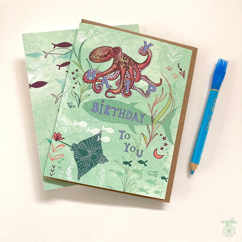 Octopus Greeting Card Octopus Birthday Ocean Beach Sea | Etsy