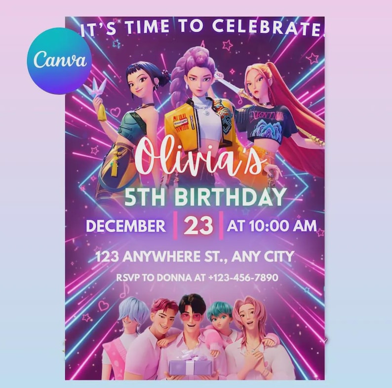 K-pop Demon Hunters Birthday Invitation, Editable Canva Template for ...