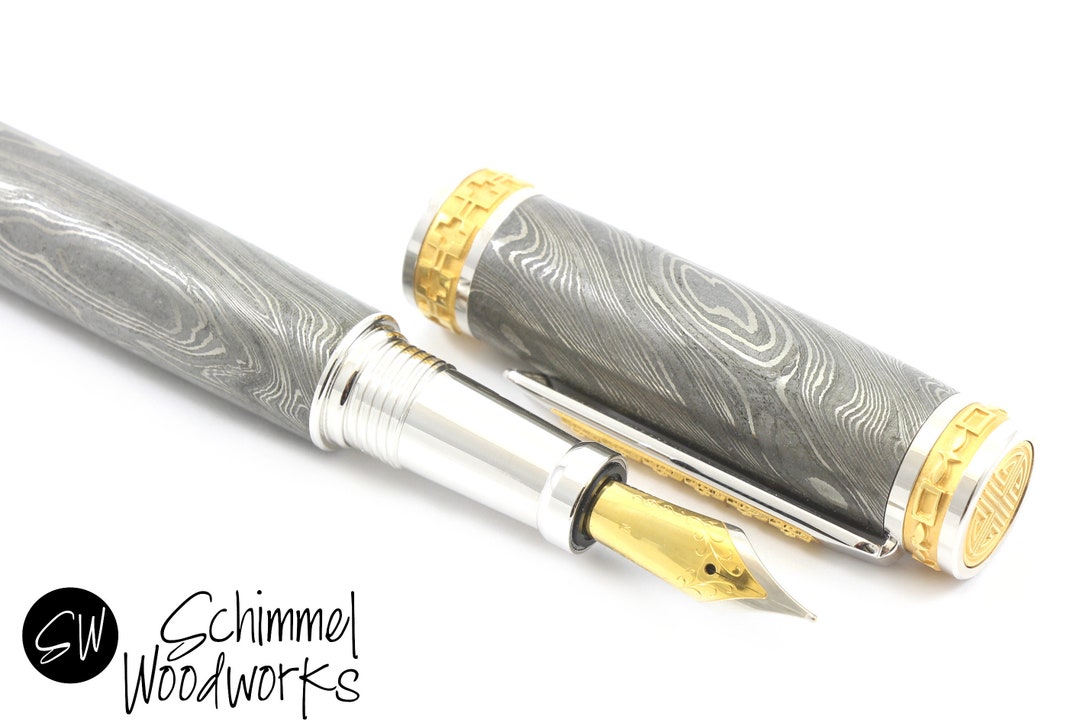 Damascus Fountain Pen - Rhodium & Gold Accents - Etsy