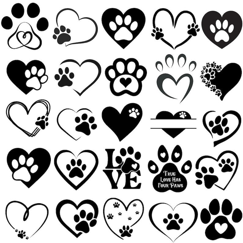 Heart Paw PNG Clipart Bundle, Dog Cat Paw Silhouette Vector (digital ...