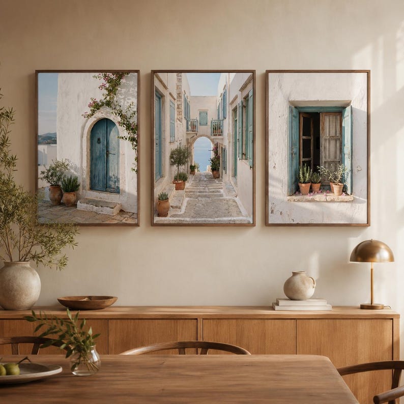 Greek Island Wall Art Set, Santorini Blue Door Coastal Prints (digital ...