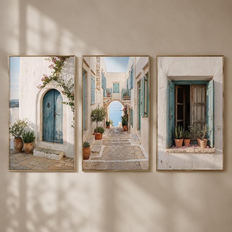 Greek Island Wall Art Set, Santorini Blue Door Coastal Prints (digital ...