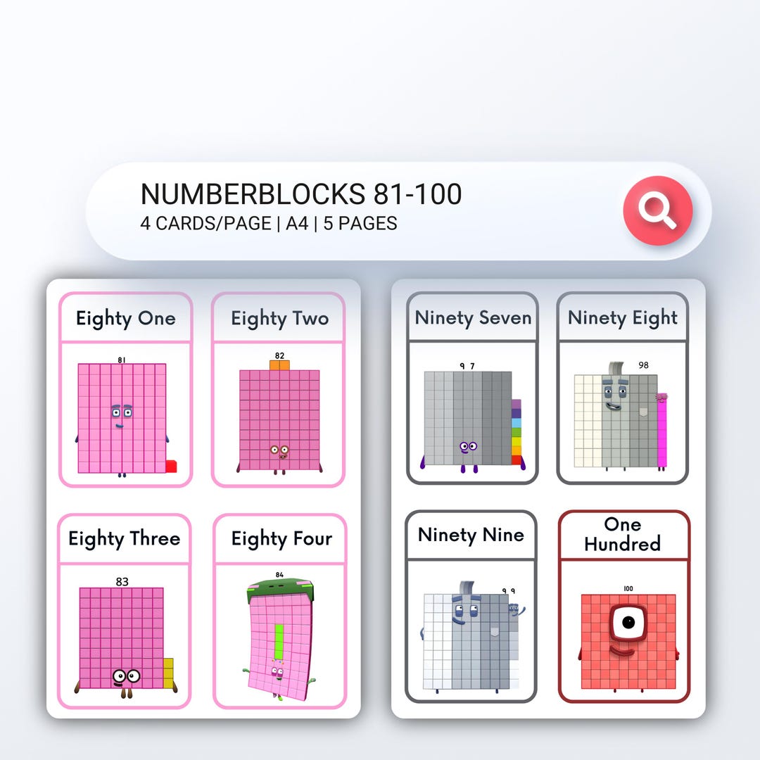 Numberblocks Flashcards 81-100 Math Cards, Printable Set | 9.73x13.5cm ...