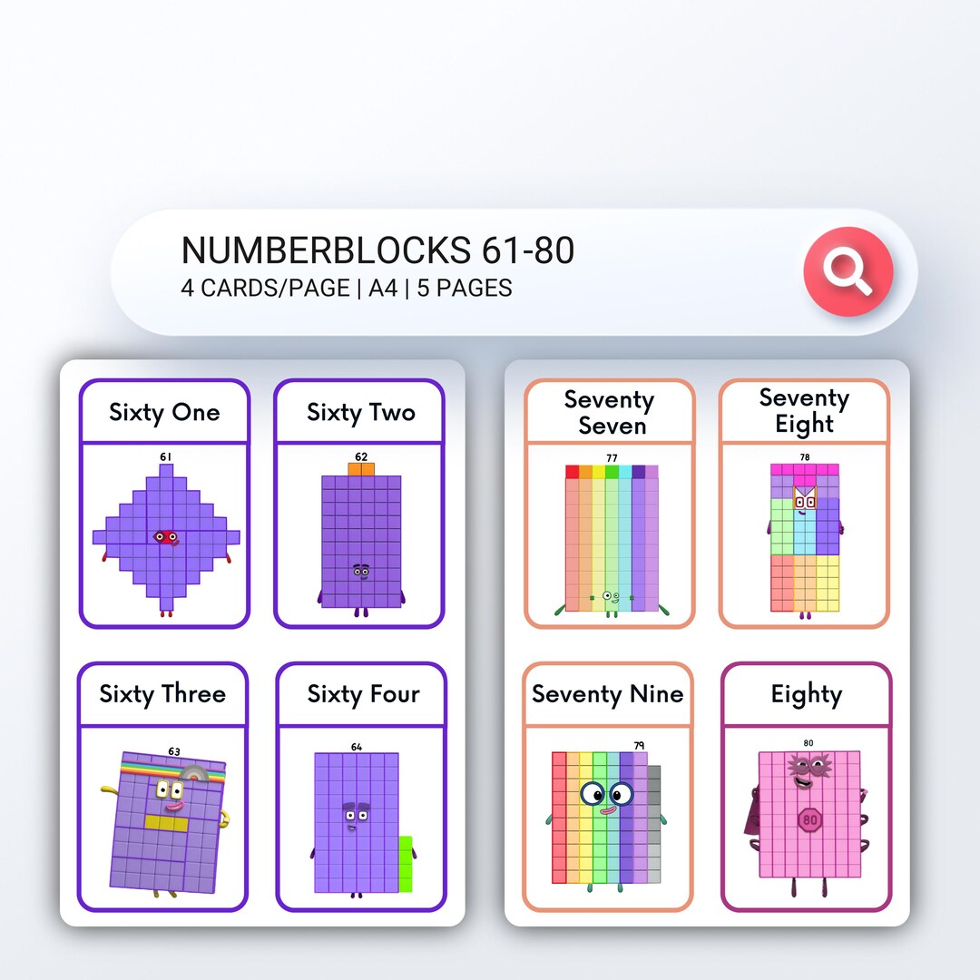 Numberblocks Flashcards 61-80 Math Cards, Printable Set | 9.73x13.5cm ...