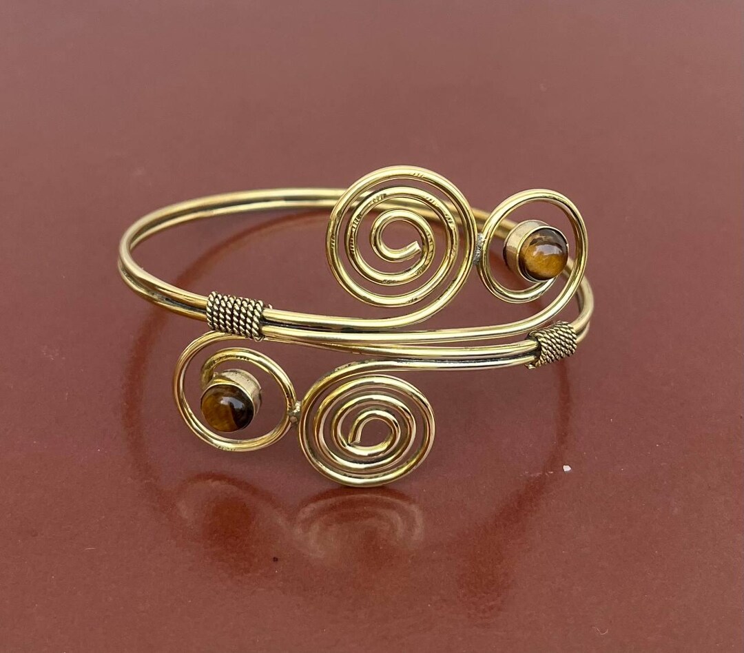 Handcrafted Brass Tiger's Eye Spiral Arm Cuff: Boho Upper Arm Bracelet ...