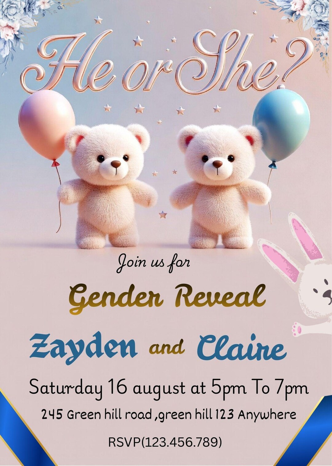 EDITABLE Teddy Bears Gender Reveal Invitation, Pink and Light Blue He ...