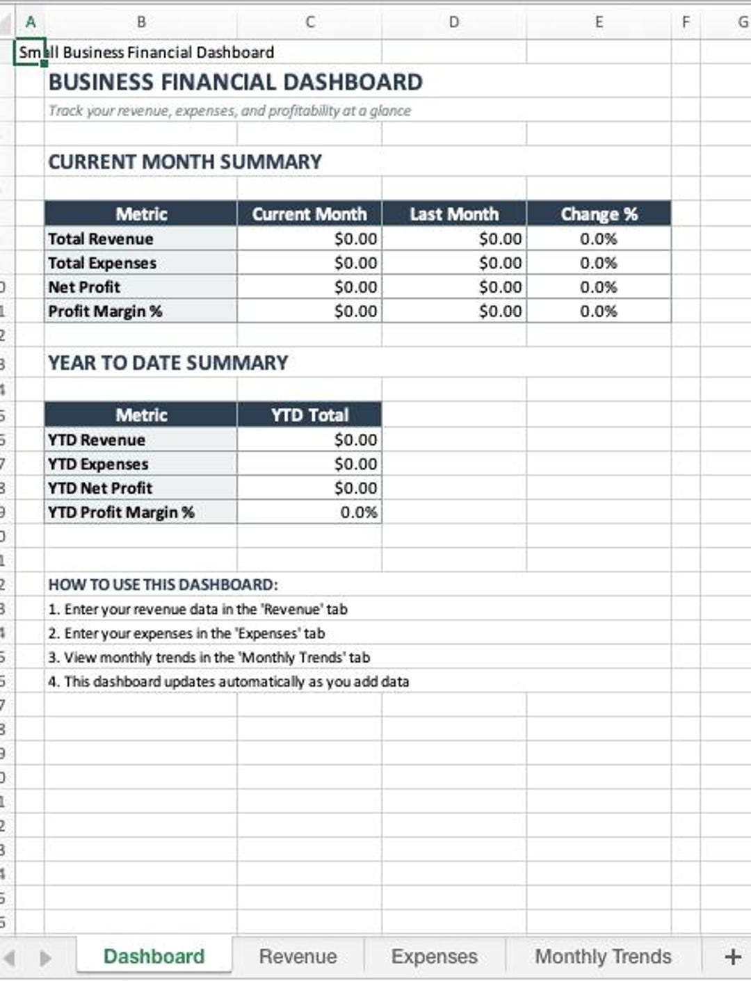 Small Business Financial Dashboard Template | Revenue & Expense Tracker ...