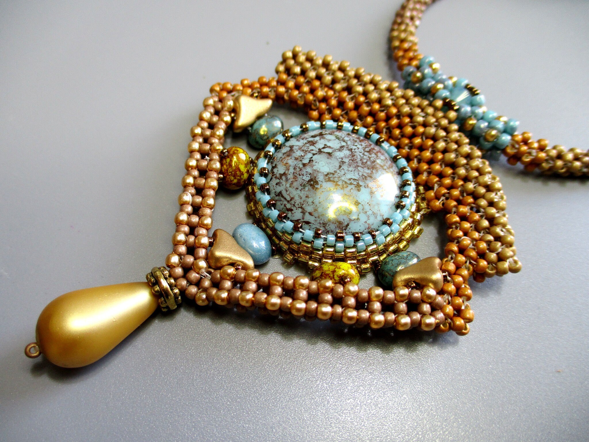 Beading Tutorial oasis Pendant and Necklace Puca Cab, Samos, Helios, Drop, Swarovski Bicones - Etsy