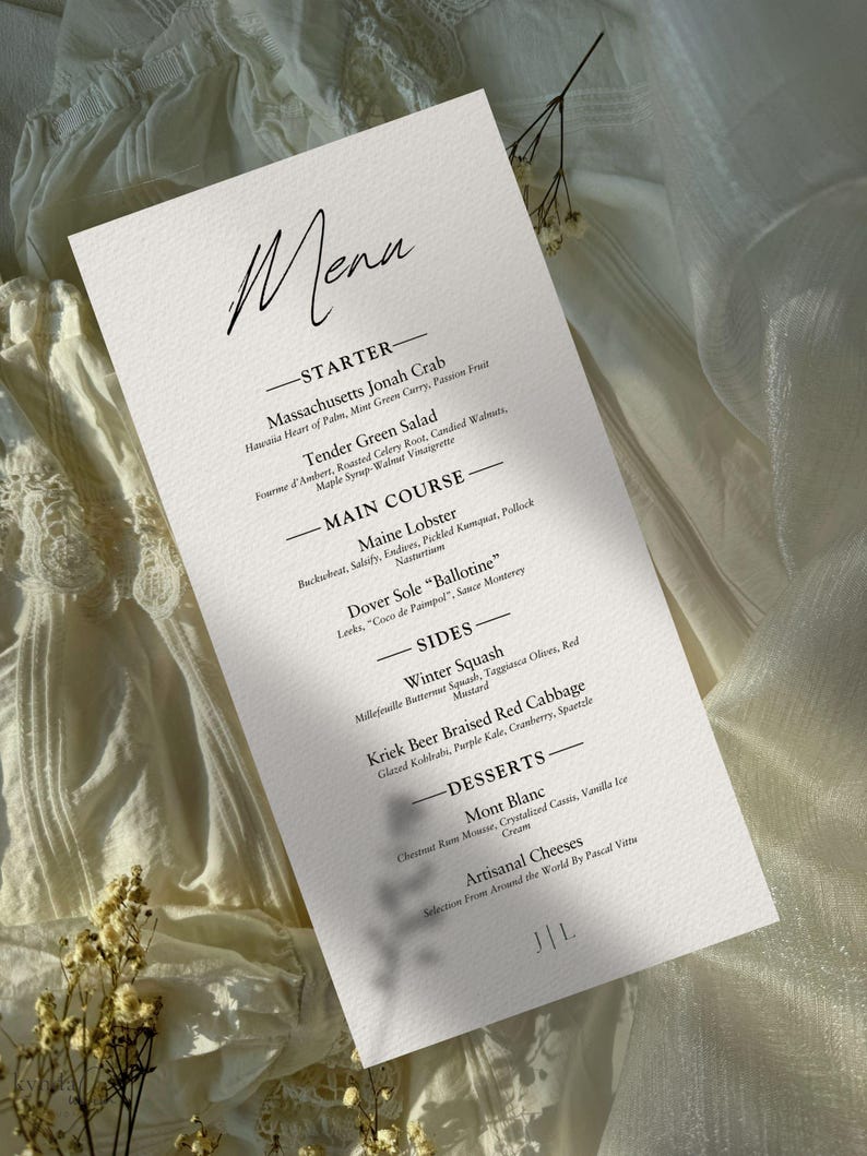 Modern Wedding Menu Template, Digital Minimalist Wedding Menu Printable ...