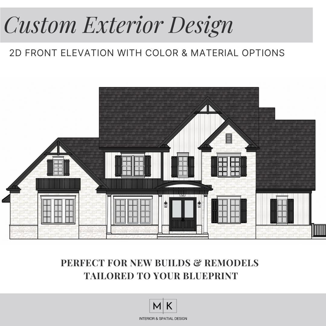 Custom Home Exterior Design: 2D Front Elevation Drawing & Material ...