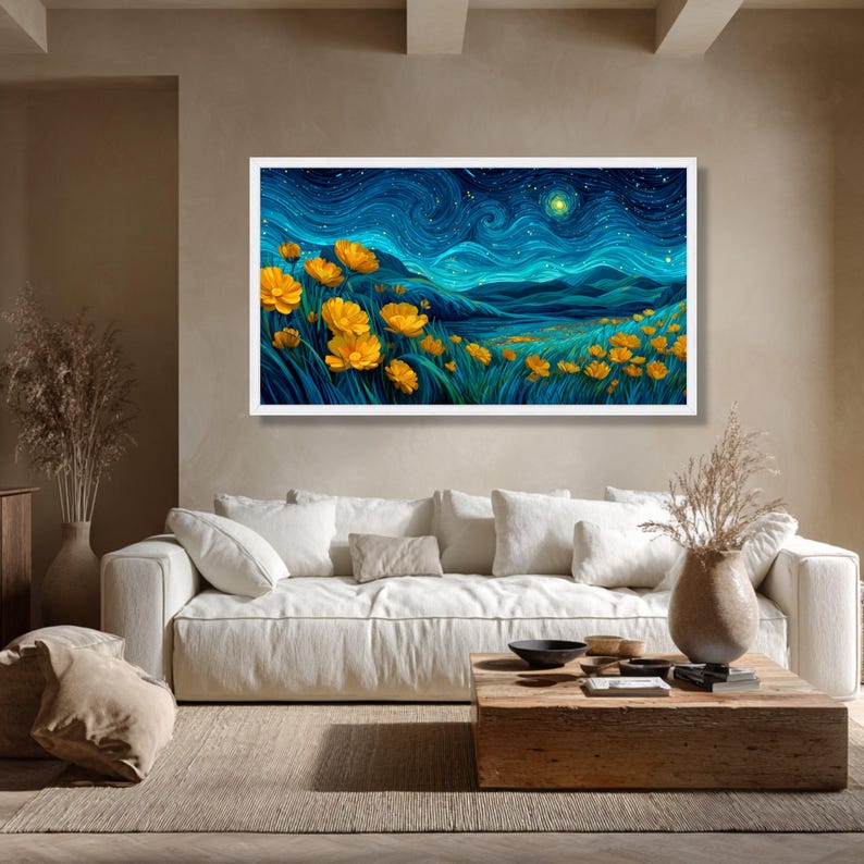 Starry Night Sky Canvas, Vibrant Yellow Flowers Canvas, Swirling Sky ...