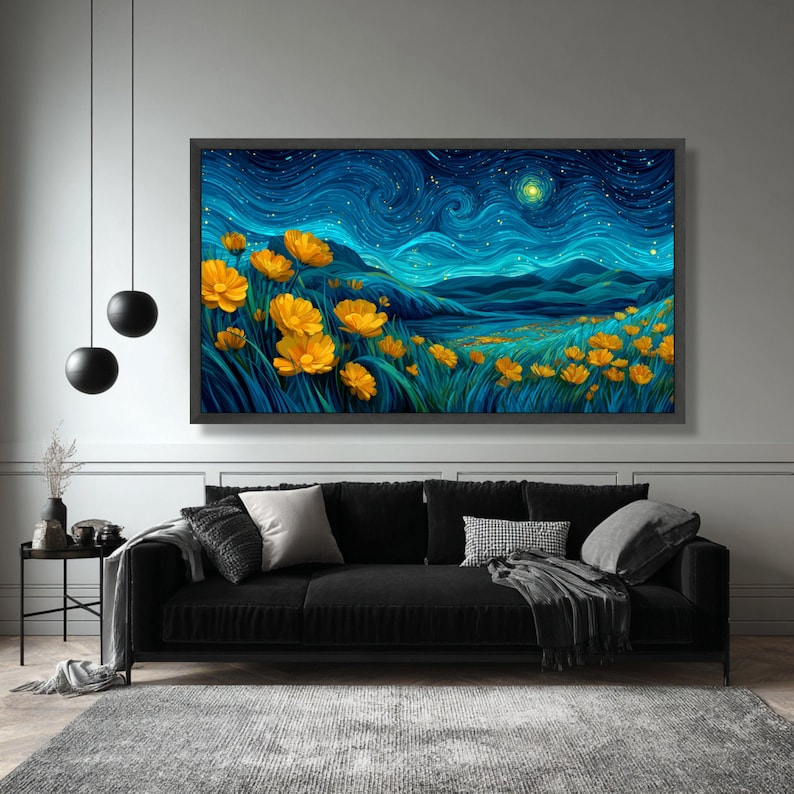 Starry Night Sky Canvas, Vibrant Yellow Flowers Canvas, Swirling Sky ...