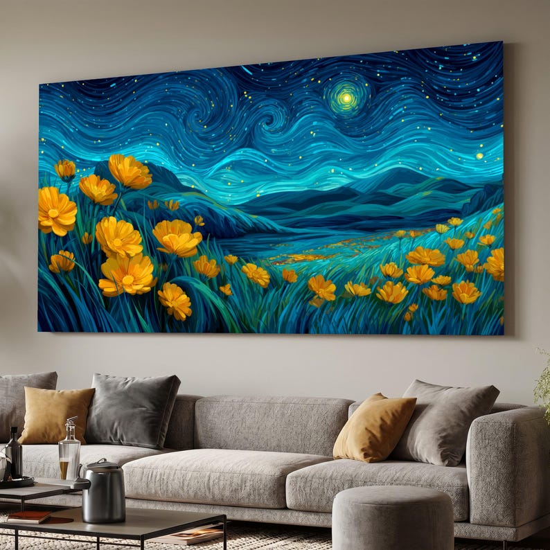 Starry Night Sky Canvas, Vibrant Yellow Flowers Canvas, Swirling Sky ...