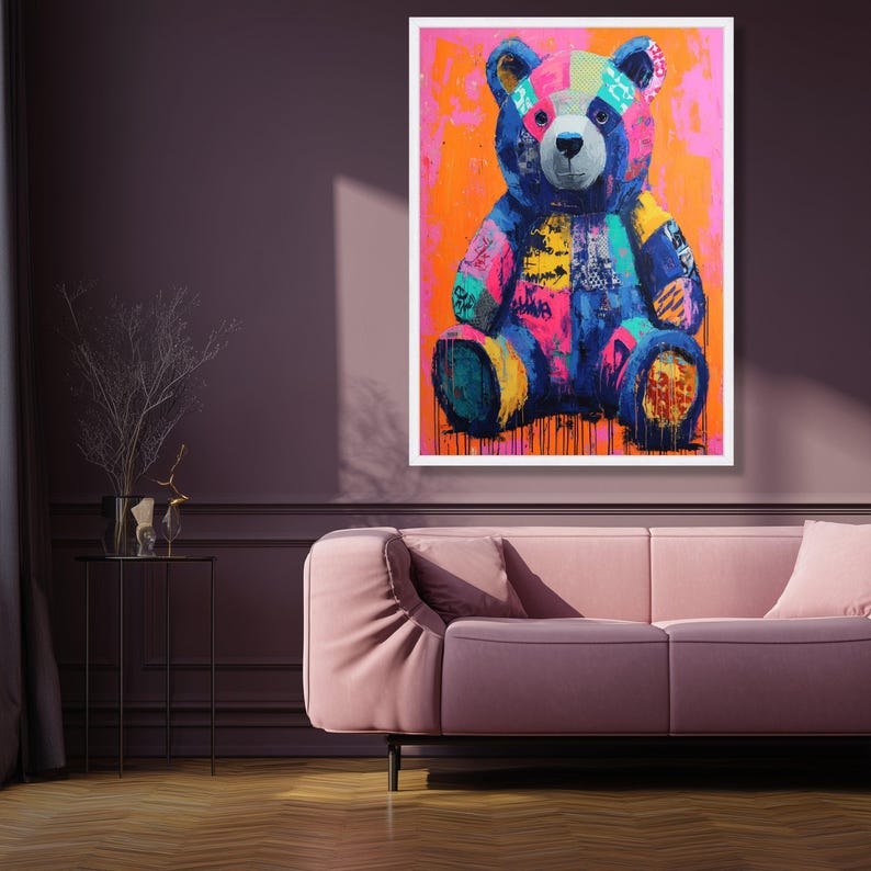 Graffiti Teddy Bear Canvas Art, Urban Street Pop Art Print, Vibrant ...