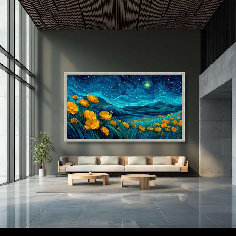 Starry Night Sky Canvas, Vibrant Yellow Flowers Canvas, Swirling Sky ...