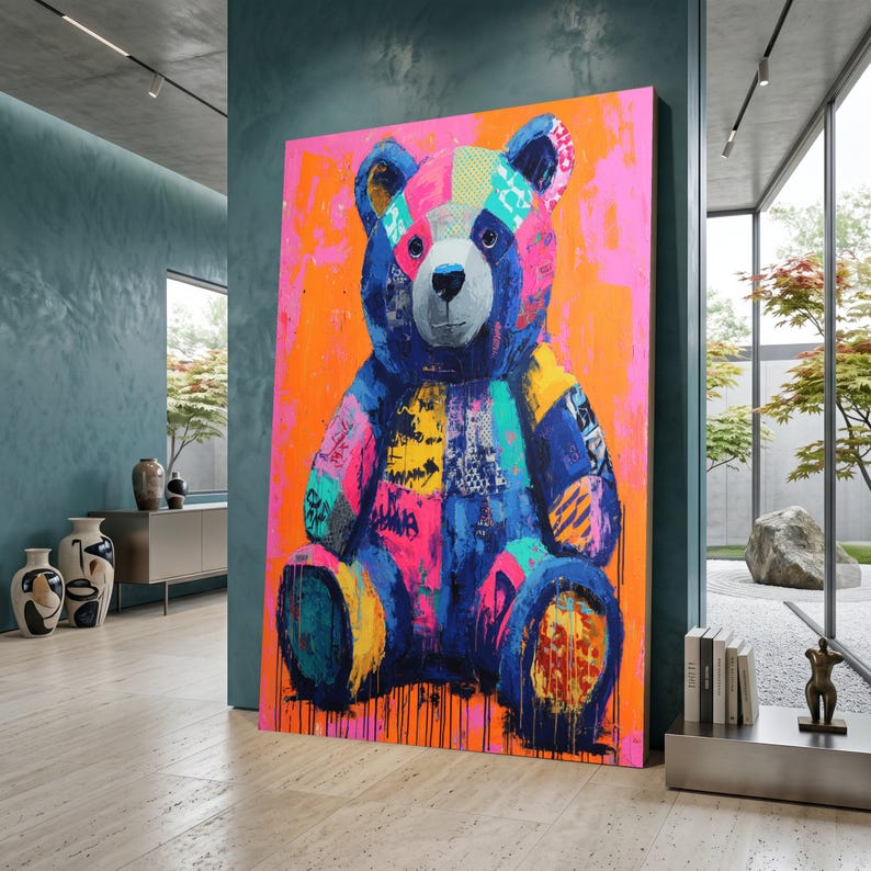 Graffiti Teddy Bear Canvas Art, Urban Street Pop Art Print, Vibrant ...