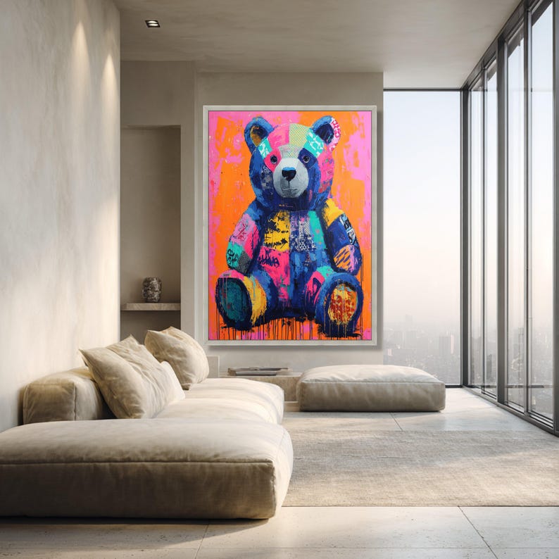 Graffiti Teddy Bear Canvas Art, Urban Street Pop Art Print, Vibrant ...