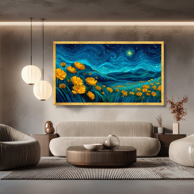 Starry Night Sky Canvas, Vibrant Yellow Flowers Canvas, Swirling Sky ...