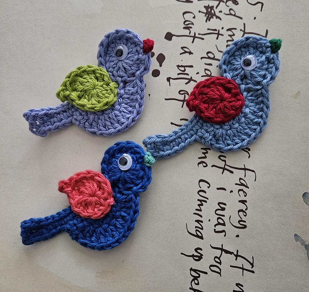 Set of Three Blue Tone Crochet Bird Appliques. Crochet Bird Appliques ...