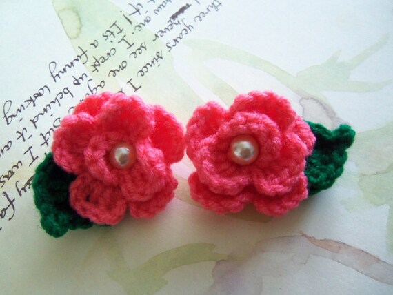 Set of Two Raspberry Crochet Flowers and Leaf Appliques. - Etsy