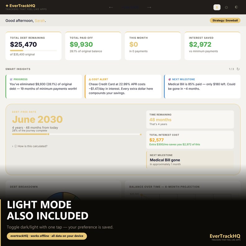 Debt Payoff Tracker, Interactive HTML Dashboard, Snowball Avalanche ...