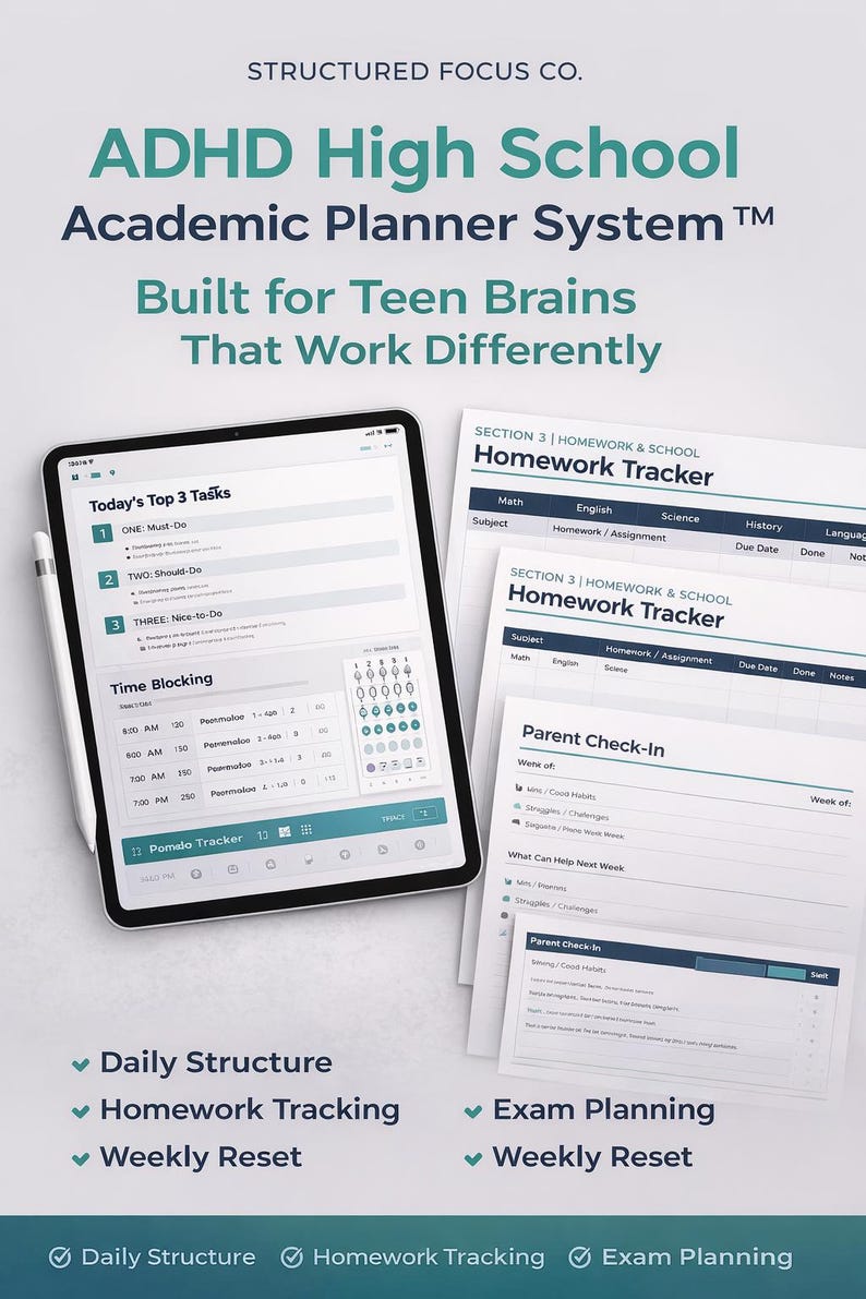 ADHD High School Academic Planner, Executive Function System, Homework ...