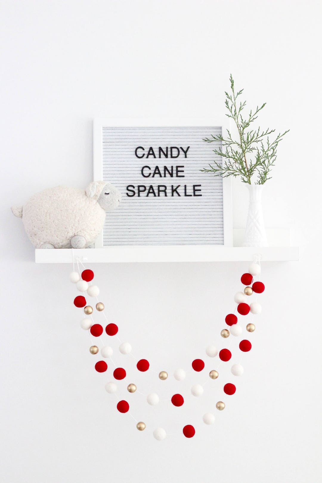 Candy Cane Christmas Garland- Red, White, Gold Garland- Felt Ball ...