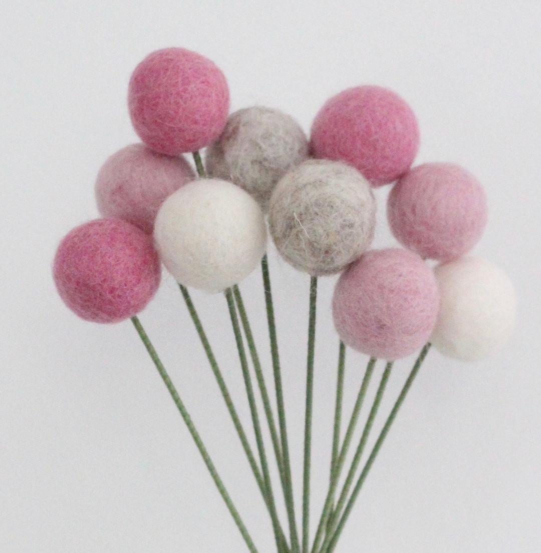 Flores de pompones de fieltro rosa y gris - Flores Billy Ball - Centros ...