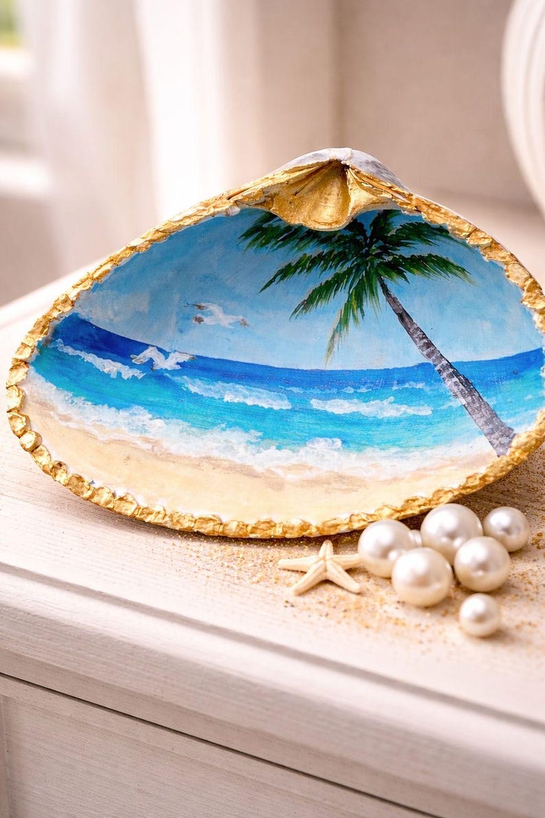Hand Painted Seashell Art: Ocean Palm Tree Coastal Keepsake - Etsy