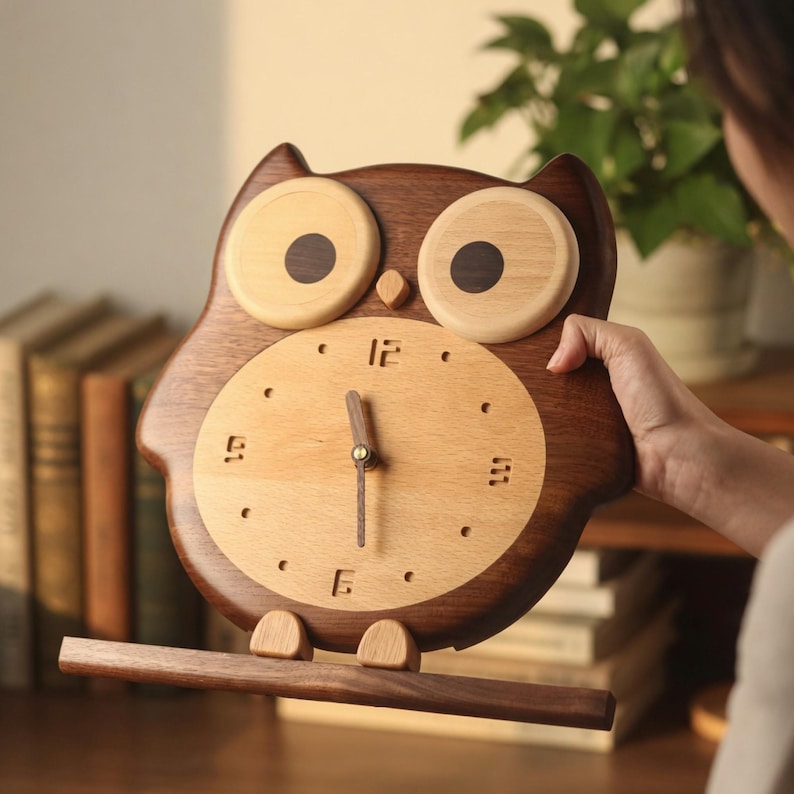Wooden Clock Owl Totoro, Handcrafted Scandinavian Decor, Silent Rustic ...