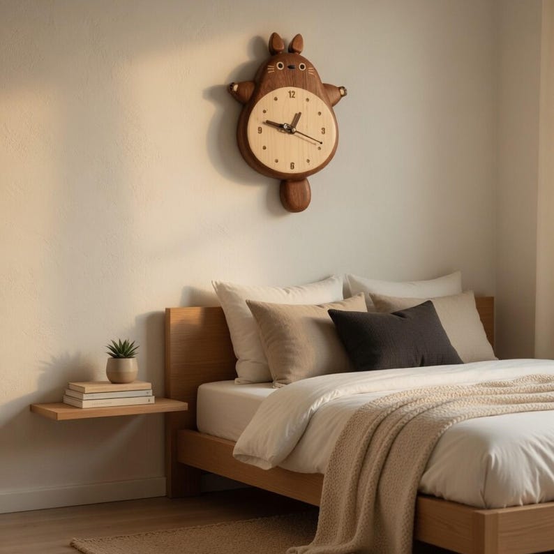 Wooden Clock Owl Totoro, Handcrafted Scandinavian Decor, Silent Rustic ...
