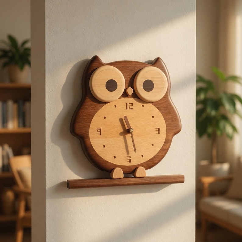 Wooden Clock Owl Totoro, Handcrafted Scandinavian Decor, Silent Rustic ...