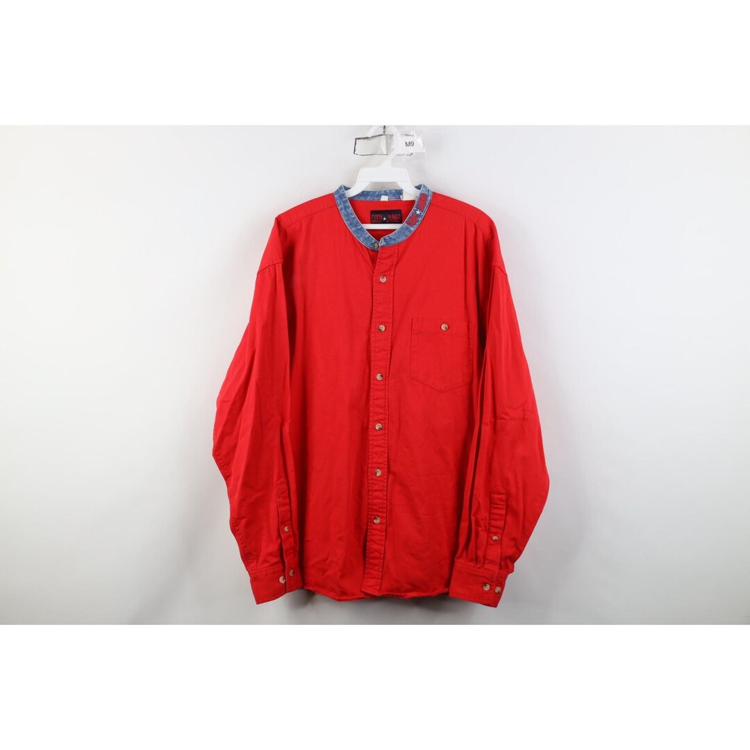 90s Streetwear Mens Large Denim Band Collar Western Cowboy Button Shirt ...