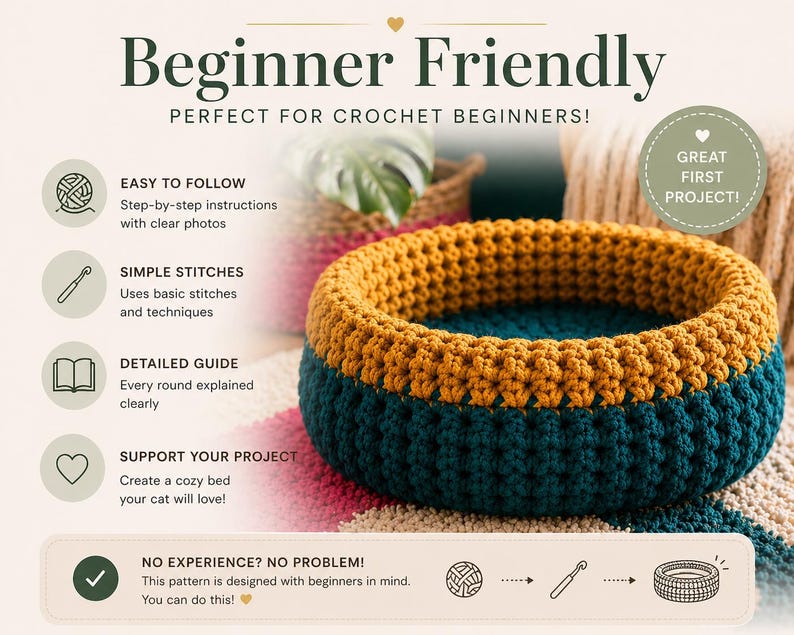Crochet Cat Bed Pattern | Chunky Yarn Basket, Beginner Friendly (PDF ...