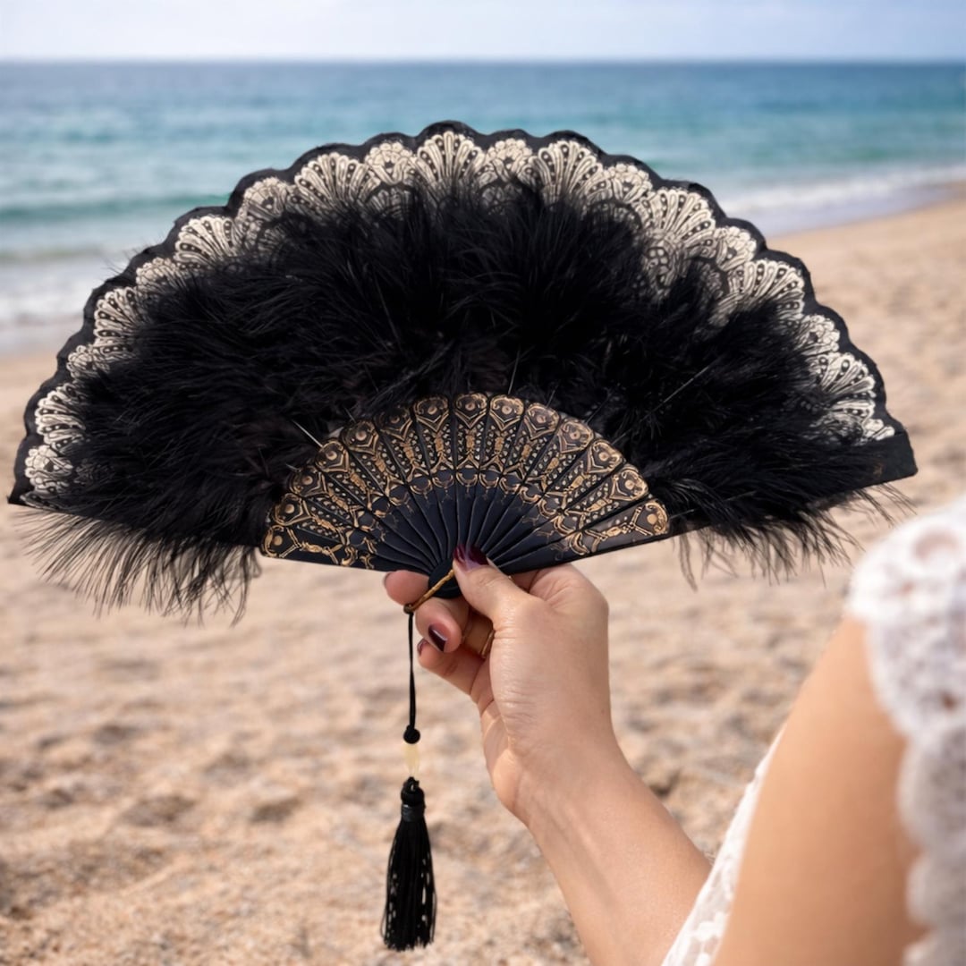 Black Feather Lace Folding Fan: Gothic Victorian Burlesque Dance ...