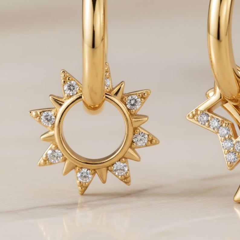 18K Gold Plated Dainty Starburst Sun Moon Huggie Hoop Earrings ...